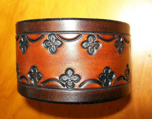 Two Tone Flower Tooled Leather Cuff Bracelet Old School Leather Co